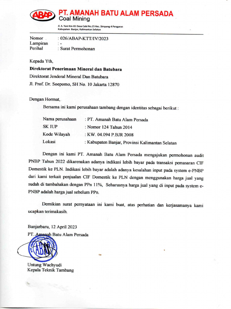 Surat Permohonan Audit PNBP Tahun 2022 PT Amanah Batu Alam Persada | PDF