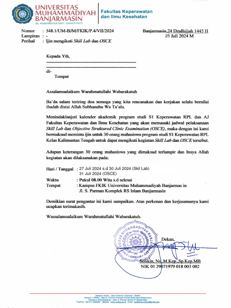 Ijin Mengikuti Skill Lab Dan OSCE Untuk Kelas Katingan 172024 | PDF