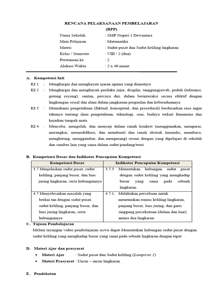 RPP Discovery Learning Sudut Pusat Dan Sudut Keliling | PDF