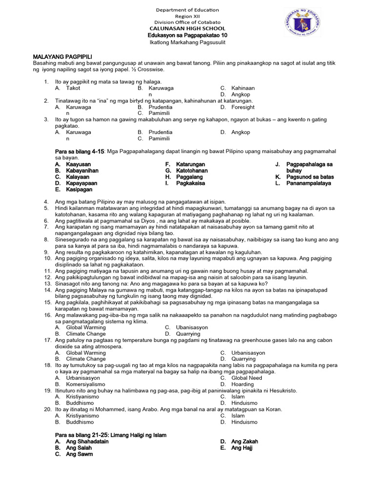 EsP 10 3rd Quarter Exam | PDF