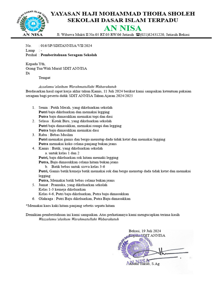 Pemberitahuan Seragam SDIT ANNISA 2024 | PDF