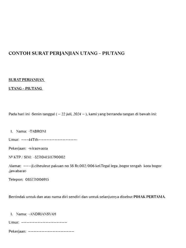 Contoh Surat Perjanjian Utang Piutang FH UII - Doc 20240718 122806 0000 ...