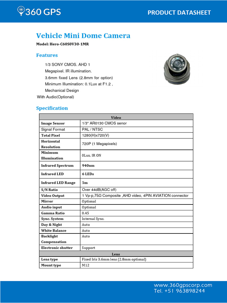 360 GPS-Cámara Mini Domo _ datasheet | PDF | Camera | Infrared