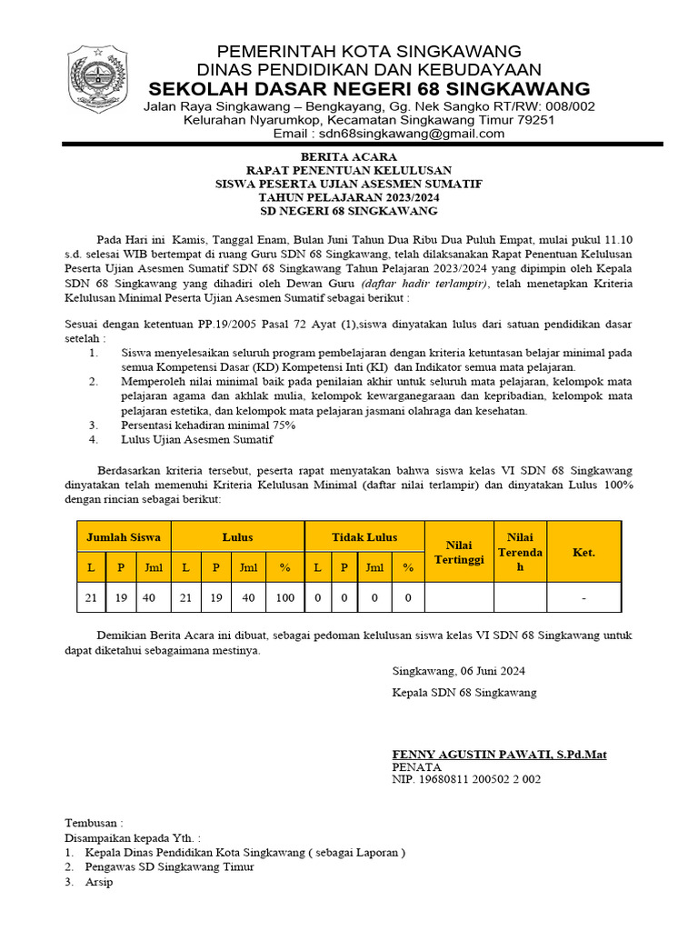 Kelulusan Siswa SDN 68 Singkawang 2024 | PDF