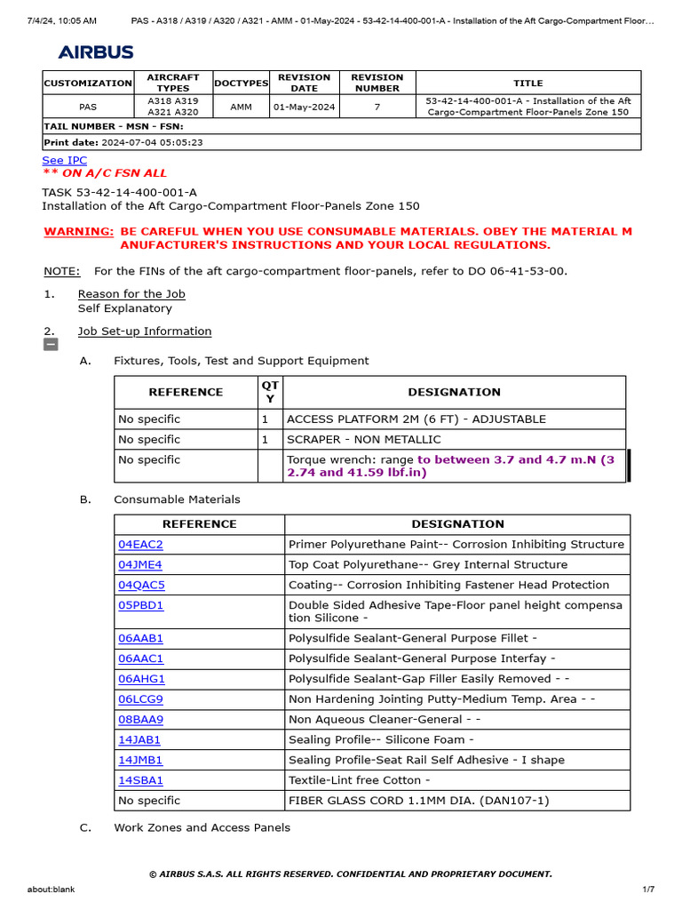PAS - A318 - A319 - A320 - A321 - AMM - 01-May-2024 - 53-42-14-400-001-A - Installation of The ...
