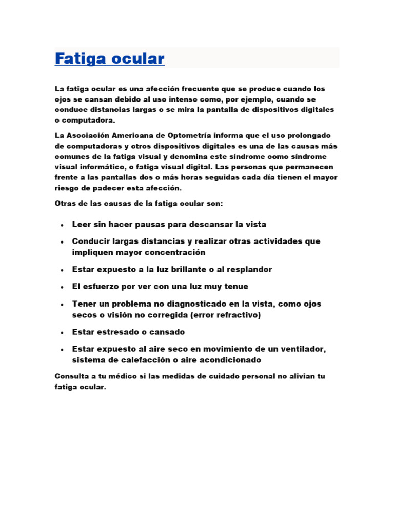 Causas Comunes de la Fatiga Ocular | PDF