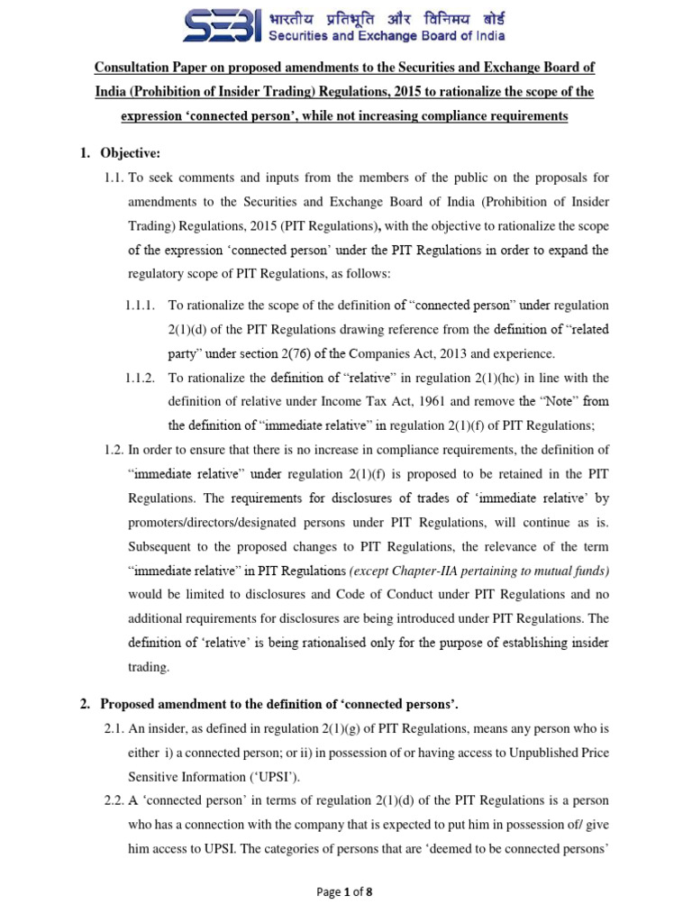SEBI Connected Person Proposal | PDF | Mutual Funds | Board Of Directors
