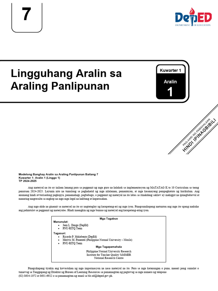 Q1 LE Araling Panlipunan 7 Lesson 1 Week 1 | PDF