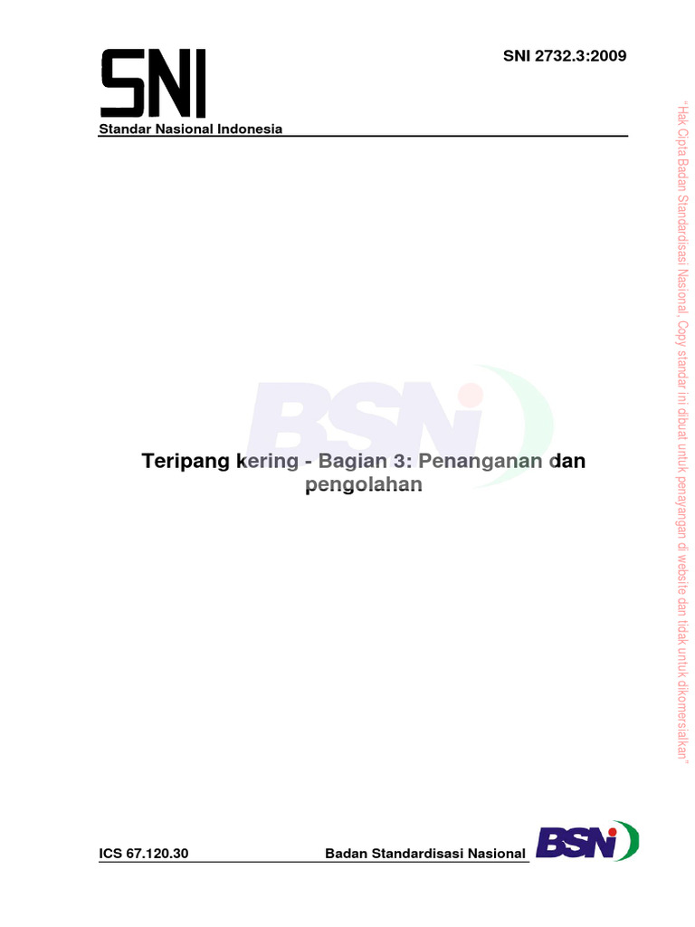 Teripang Kering Bag-3 Penanganan & Pengolahan 10866 - SNI 2732 (1) .3-2009 | PDF