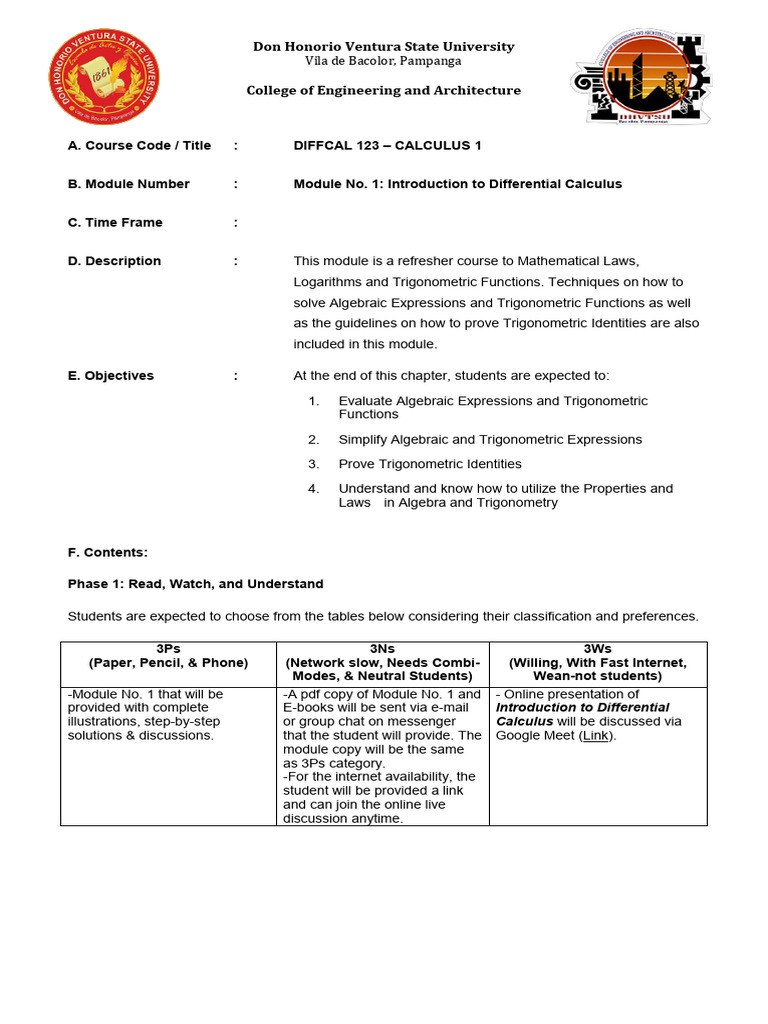 01.DIFFCAL 123 Module No. 01 Introduction and Review of Algebra and Trigonometry 2 | PDF ...