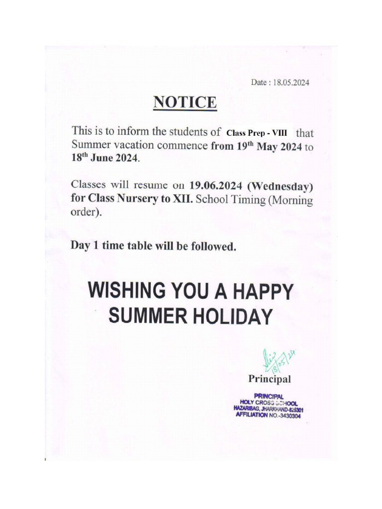 1052summer Vacation Notice | PDF