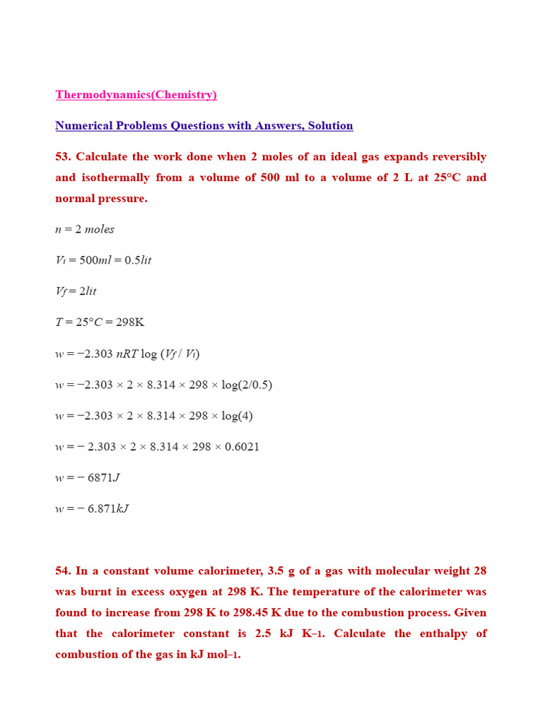 Thermodynamics Numerical Problems Solutions | PDF | Chemical Equilibrium | Propane