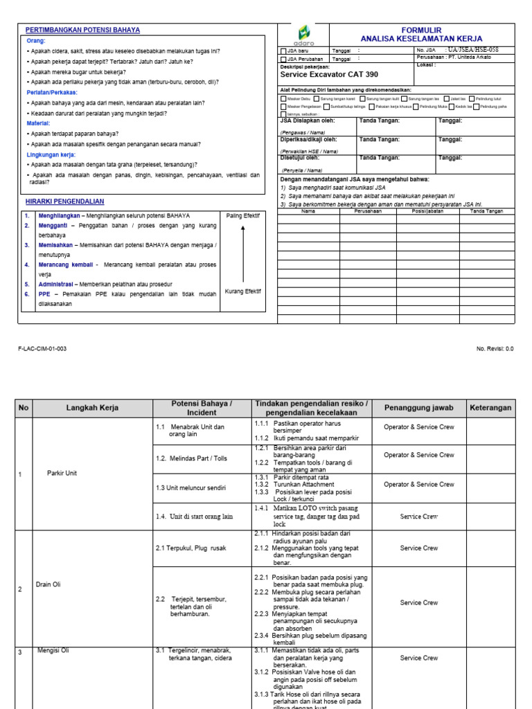 UA-JSEA-HSE-058 Formulir JSA - Service Excavator 390 | PDF