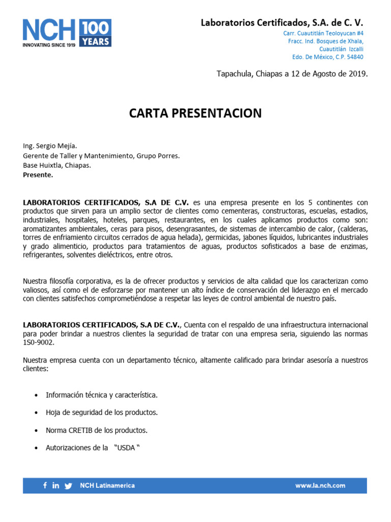 CARTA DE PRESENTACIÓN LAB 100 AÑOS Grupo Porres | PDF | Agua | Business
