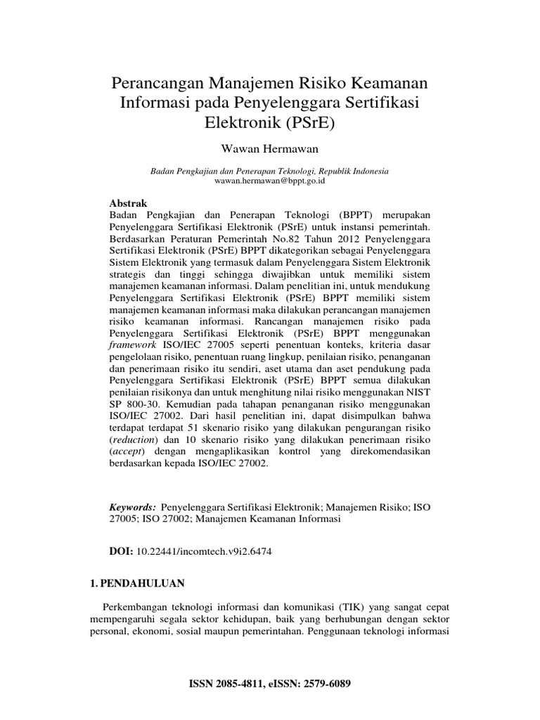 Perancangan Manajemen Risiko Keamanan Informasi Pada Penyelenggara Sertifikasi Elektronik | PDF