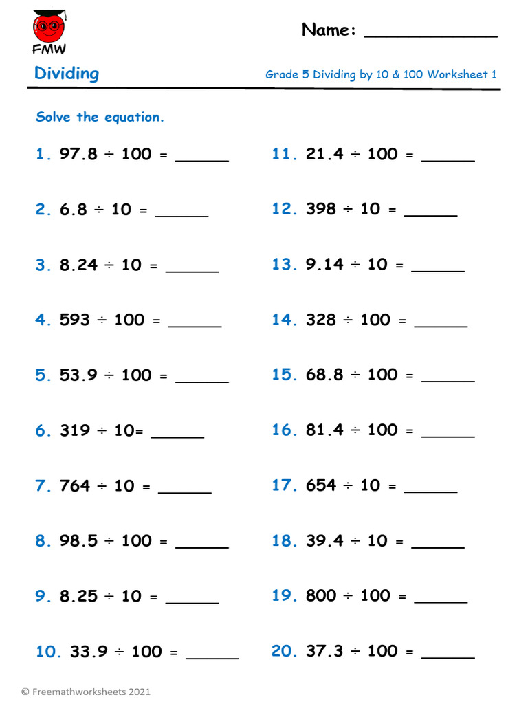 Grade 5 Dividing by 10 & 100 Worksheet | PDF