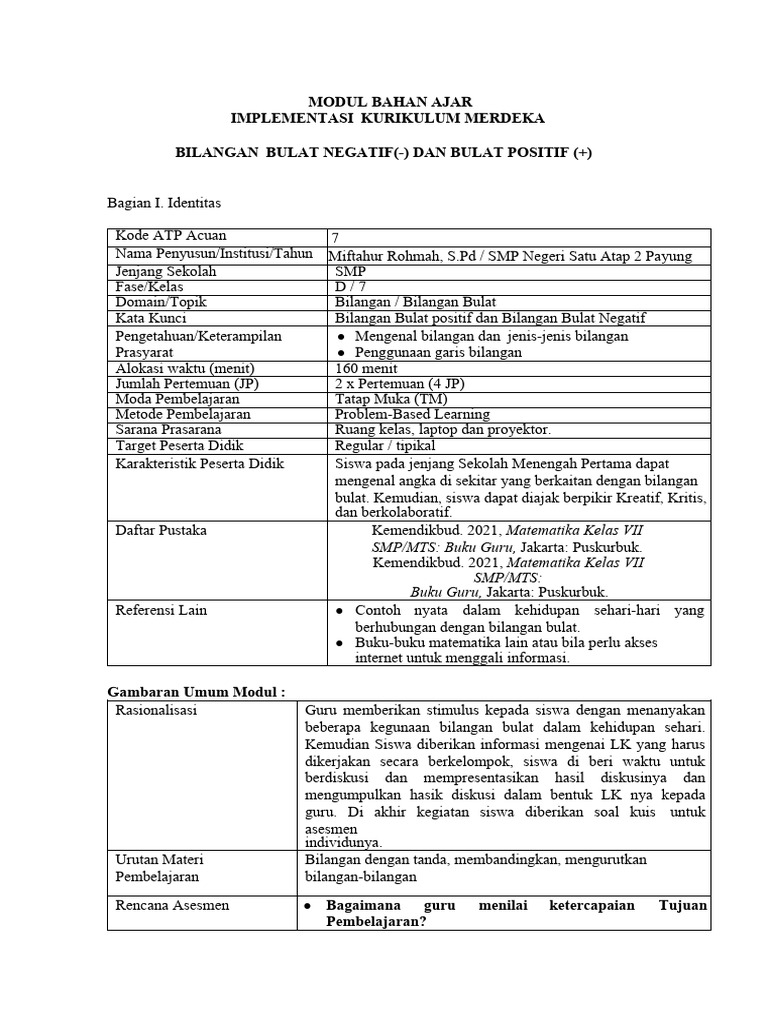 Modul Ajar Bilangan Bulat Part 1 | PDF