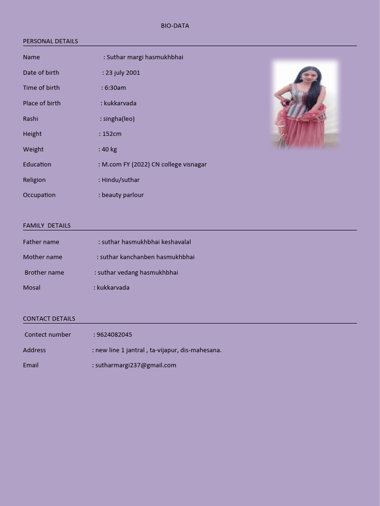 Bio-Data Suthar Margi H. | PDF