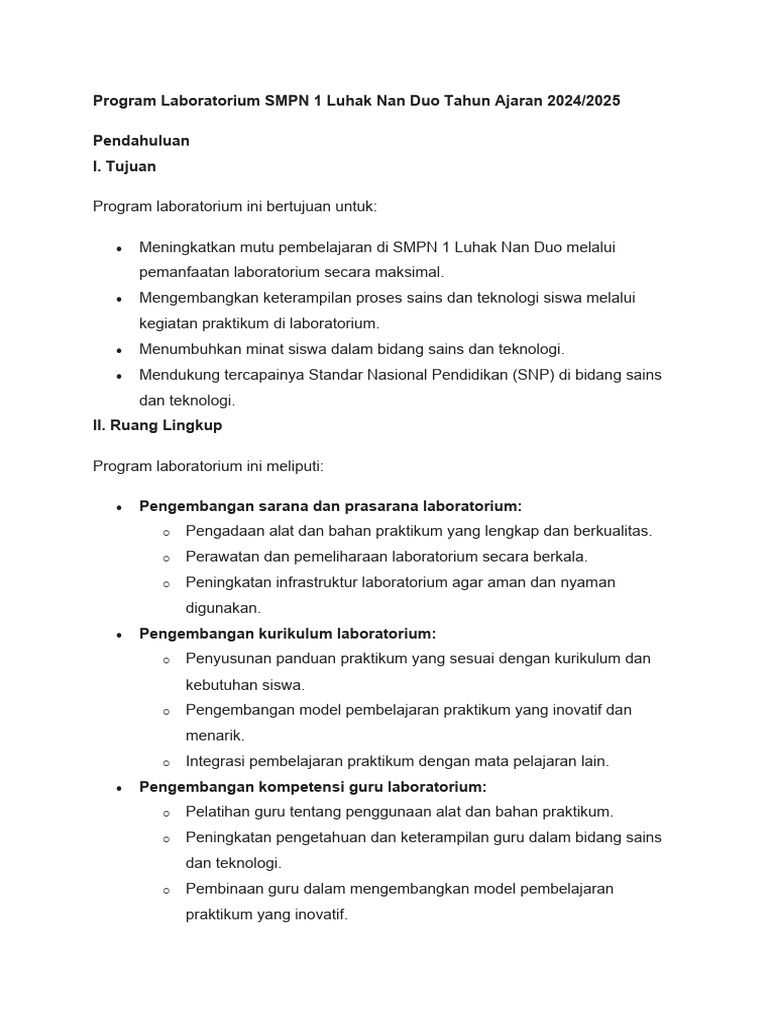 Program Laboratorium SMPN 1 Luhak Nan Duo Tahun Ajaran 2024 | PDF
