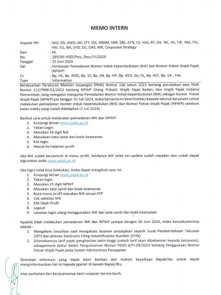 PT BERNOFARM - MI Himbauan Pemadanan NIK Dan NPWP | PDF