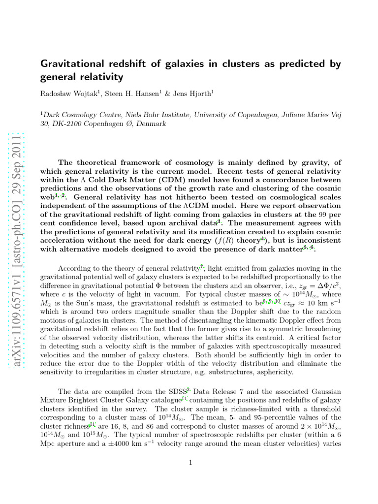 Gravitational Redshift of Galaxies in Clusters As Predicted by General ...