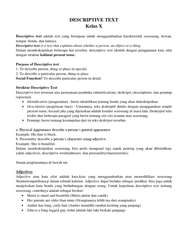 Descriptive Text Kelas X | PDF | Seni & Disiplin Bahasa