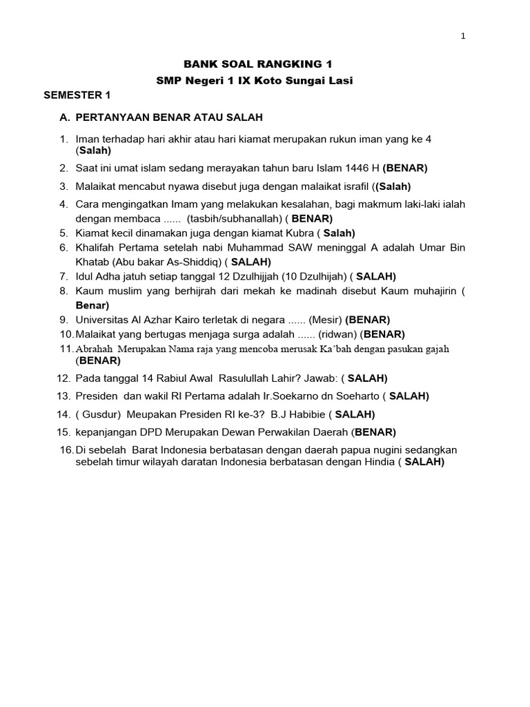 Bank Soal Rangking 1 2024 | PDF