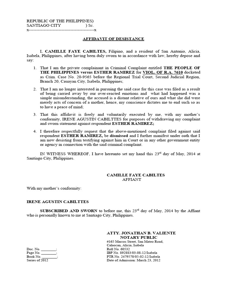 Affidavit of Desistance in Philippines Case | PDF | Affidavit | Common Law