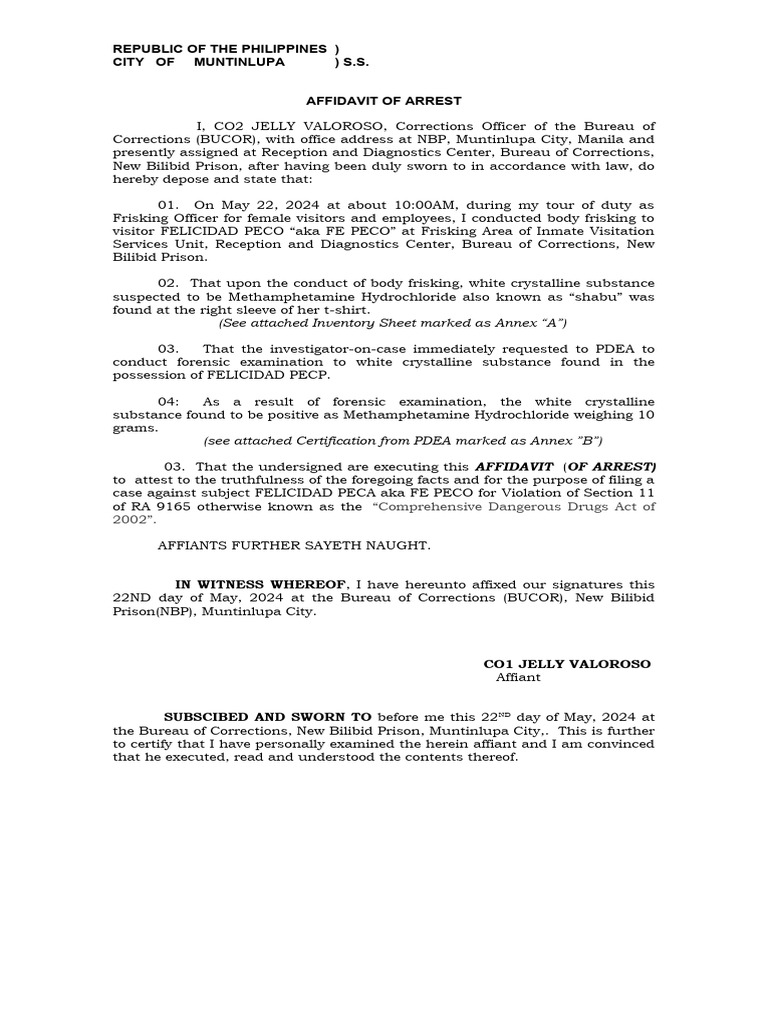 Affidavit of Arrest Sample | PDF | Social Science