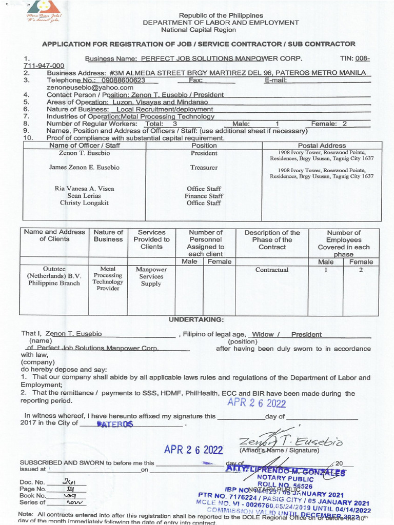Application For Registration of Job Service Contractor Sub Contractor ...