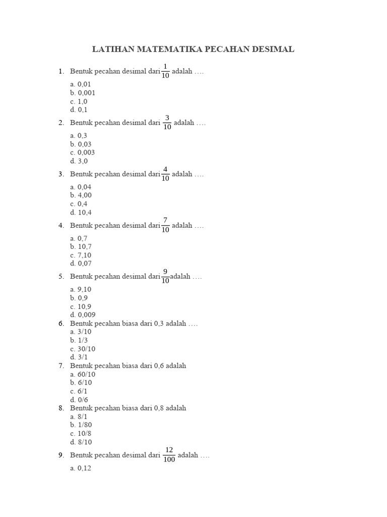 Latihan Pilihan Berganda Pecahan Desimal | PDF