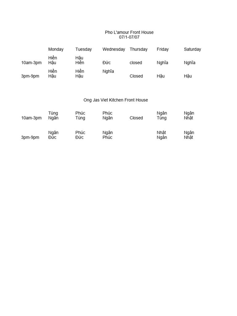 Work Schedule Front House | PDF