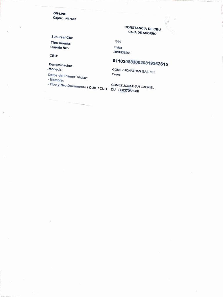 Constancia de Cbu: y Nro | PDF