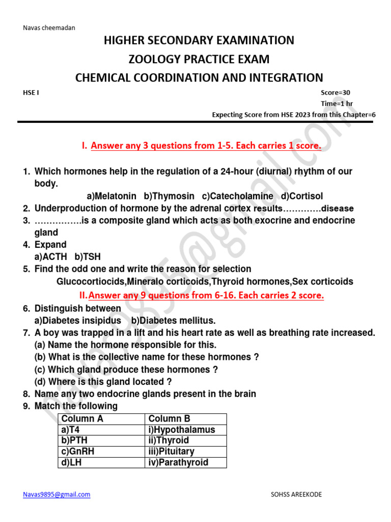 09-Chemical Cordination and Integration QN | PDF | Hormone | Endocrine ...