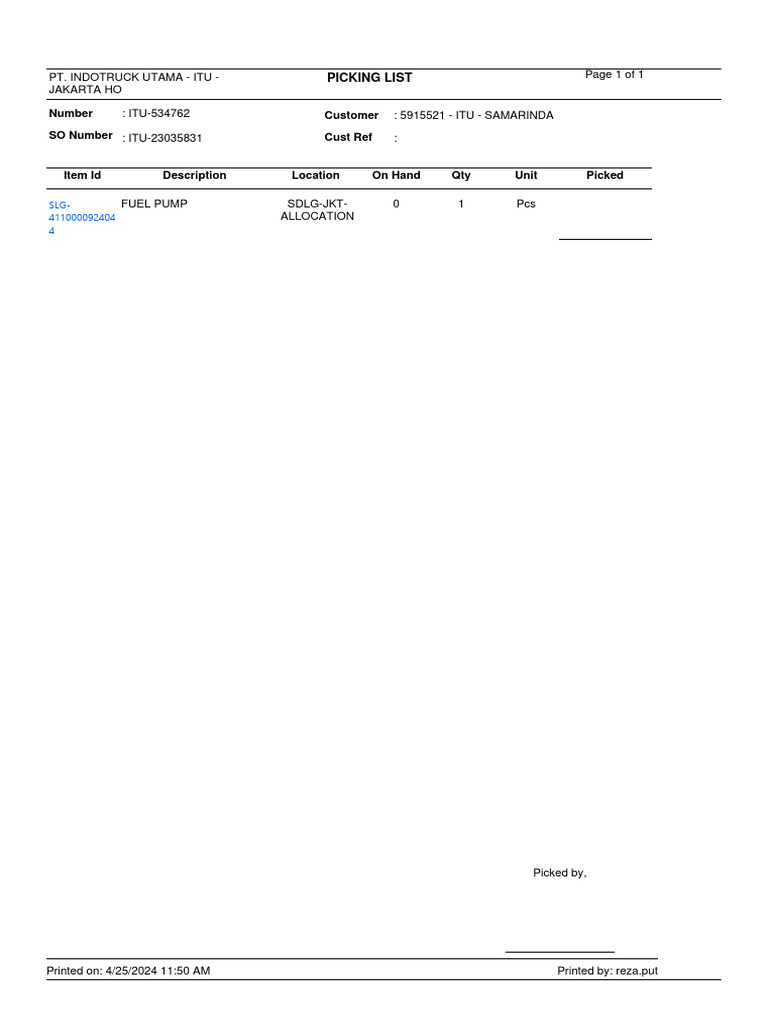 Picking List Inv Si2401082 | PDF | Vehicle Parts | Vehicles