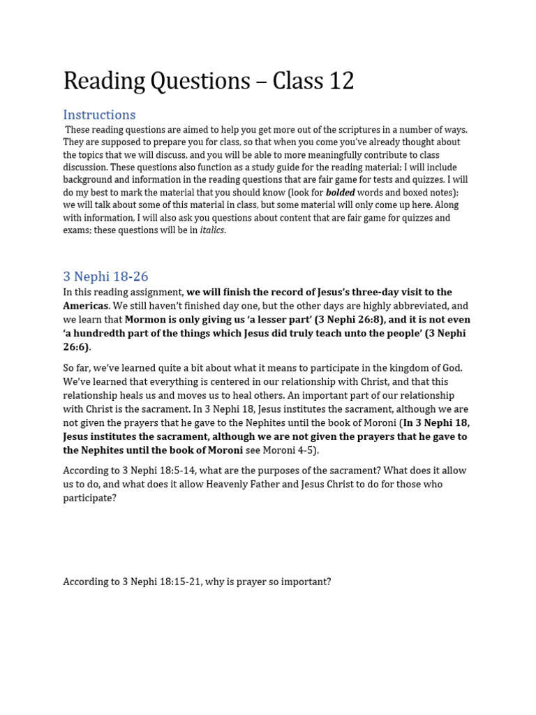 Class 12 - Reading Questions | PDF | Jesus | Latter Day Saint Movement