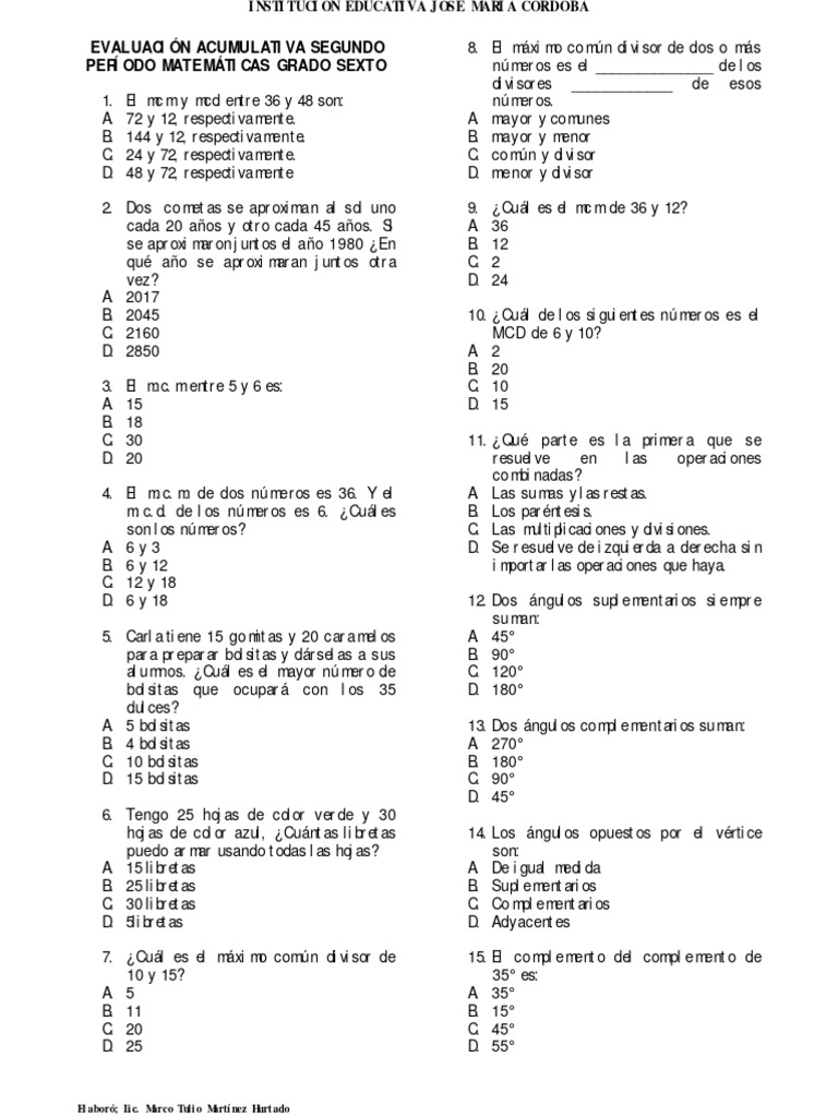 Prueba Acumulativa Segundo Período Sexto | PDF