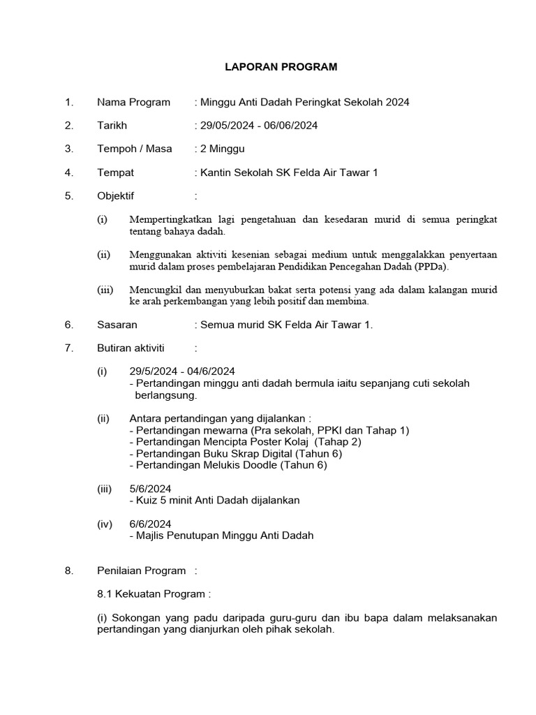 Laporan Minggu Anti Dadah Peringkat Sekolah 2024 | PDF