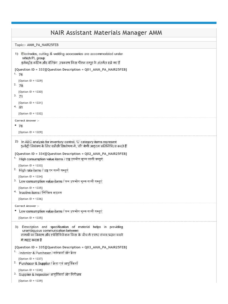 Assistant Materials Manager Exam | PDF