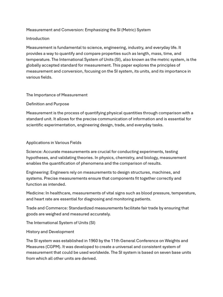 Measurement and Conversion - Emphasizing The SI or Metric System | PDF ...