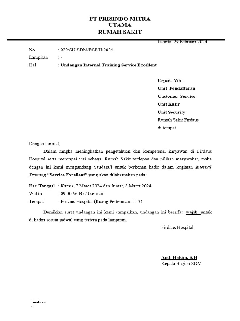 Training Service Excellent RS Firdaus | PDF