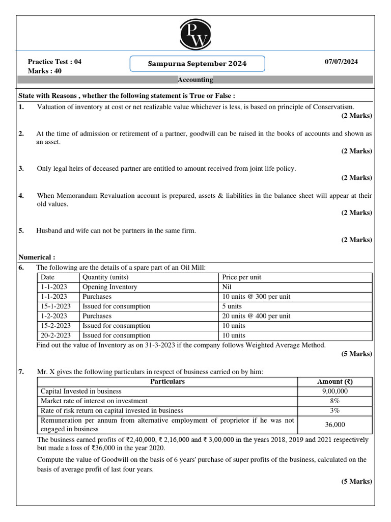 Practice Test 04 _ Test Paper (Accounting) (Subjective) | PDF ...