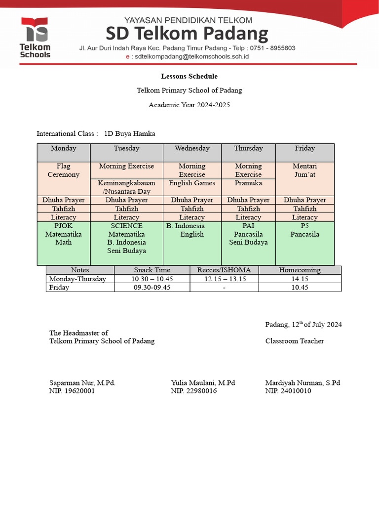 2024-2025 Lessons Schedule for 1D | PDF