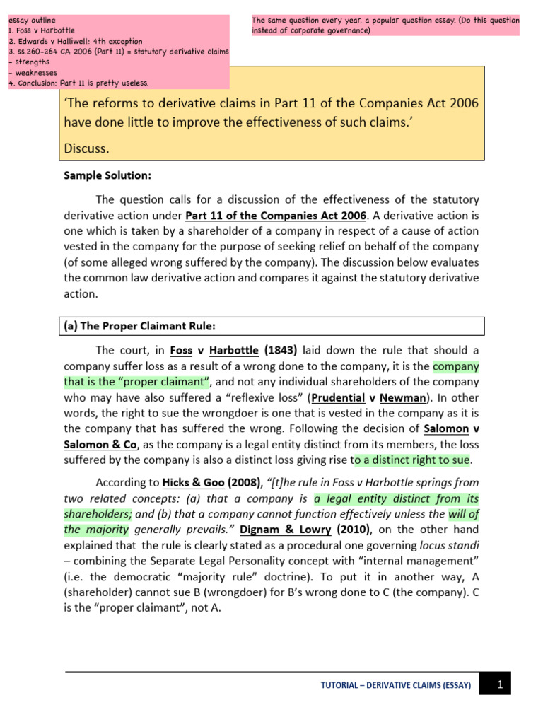 TUTORIAL - Derivative Claims (Essay) | PDF | Indemnity | Common Law