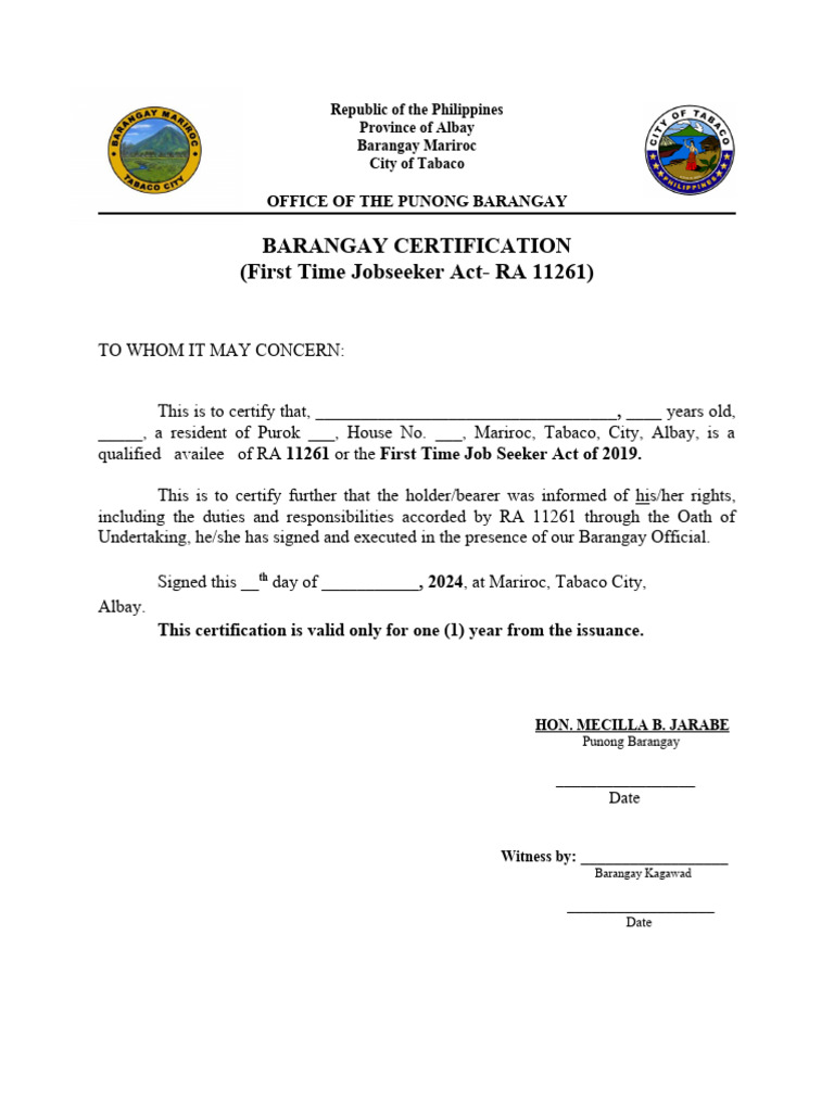 Barangay Certifiacate First Time Job Seeker | PDF