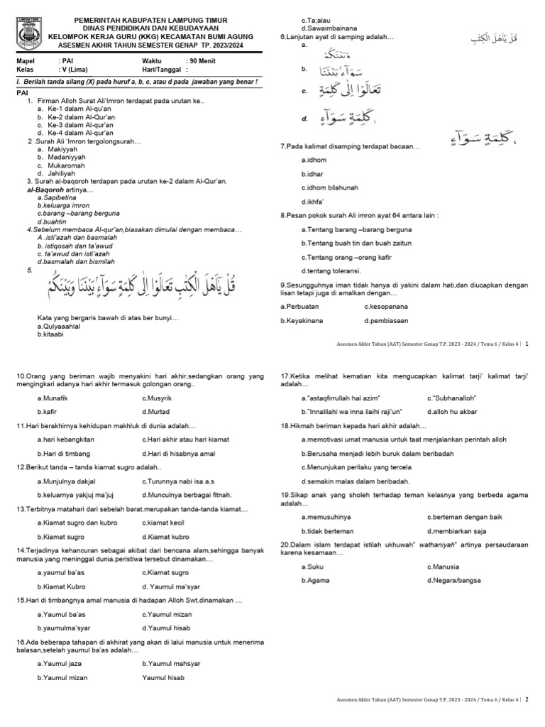 Soal PTS Genap Kelas 5 KUMER 2024 | PDF