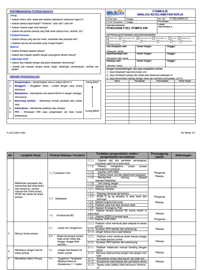 F-JSEA-HSE-011 Formulir JSA - PENGISIAN FUEL POMPA AIR | PDF