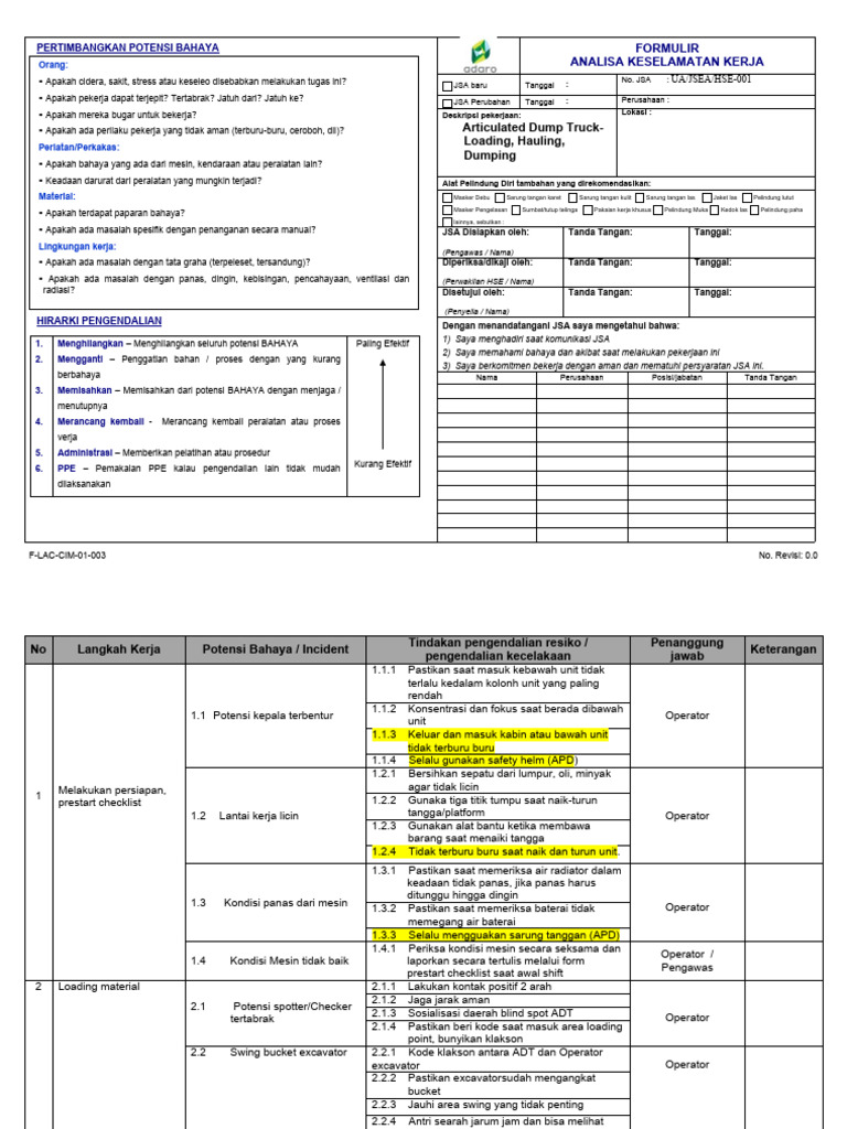 UA-JSEA-HSE-001 Formulir JSA - Articulated Dump Truck-Loading, Hauling, Dumping | PDF