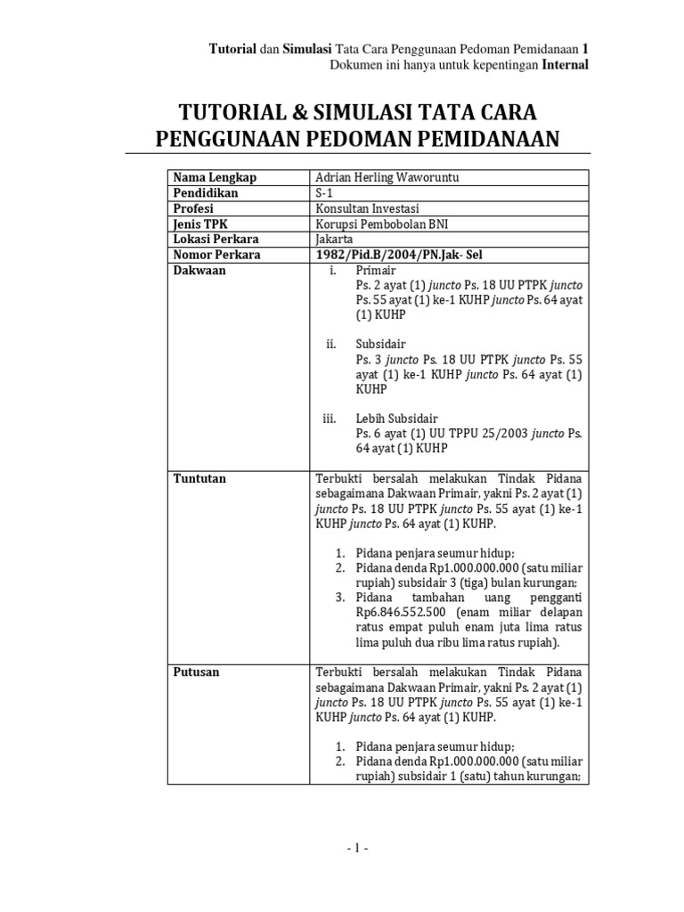 Tutorial Dan Simulasi Tata Cara Penggunaan Pedoman Pemidanaan (Resmi) | PDF