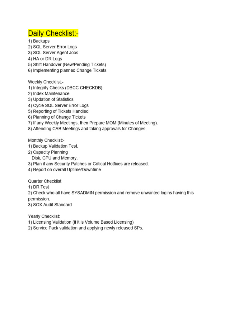 june-19 Daily Checklist for interview- | PDF | Microsoft Sql Server | Databases